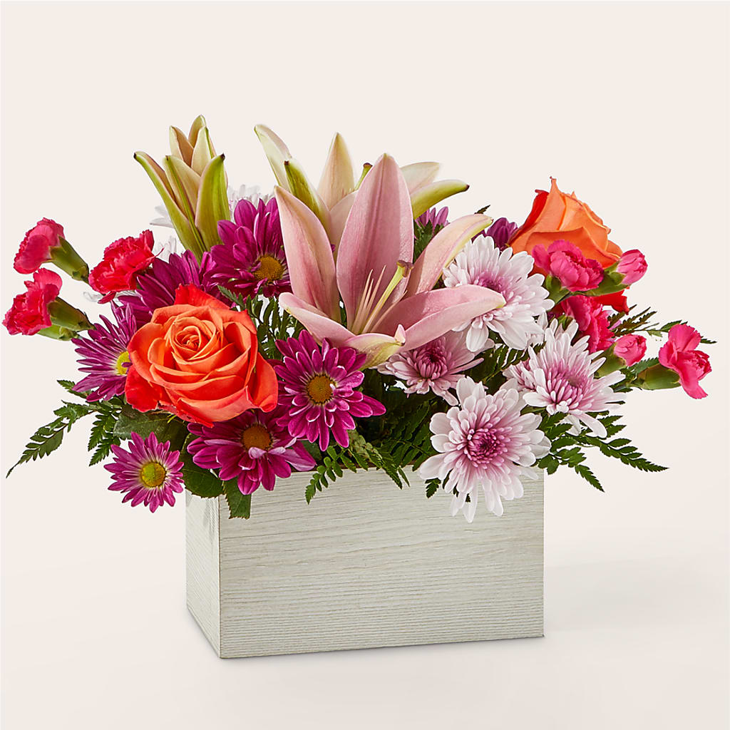 Light of My Life Box Bouquet – lavender, orange, pink, purple flower ...